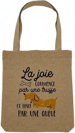 Fabulous Sac Shopping Tote Bag Aspect Lin - La joie Commence par une Truffe et Finit Par une Queue Chien - Sac de Courses Toile Epaisse 360g Beige Naturel Caba