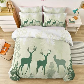 Generic Wendbares Bettw&auml;sche Set 3-teilig 135 x 200 cm Mikrofaser Bettbezug mit Rei&szlig;verschluss, Eckb&auml;ndern & 2 Kissenbez&uuml;gen Einfaches Tier Hirsch Ideal f&uuml;r K