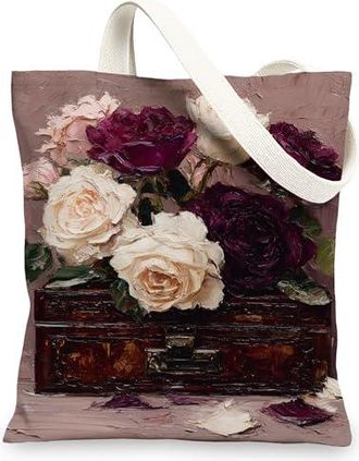 Generic Sacs fourre-tout vintage en toile à motif floral élégant, sacs dépicerie réutilisables, légers et lavables avec bandoulière, pêche, 13x15 Inch