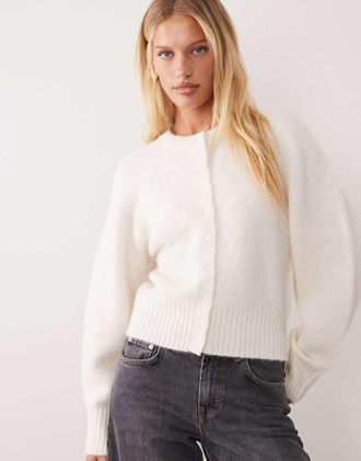 Asos cardigan col rond premium en m&eacute;lange dalpaga cr&egrave;me-Blanc