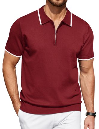 Coofandy Herren-Poloshirt mit Rei&szlig;verschluss, l&auml;ssig, gestrickt, kurz&auml;rmelig, Klassische Passform, Weinrot, Mittel