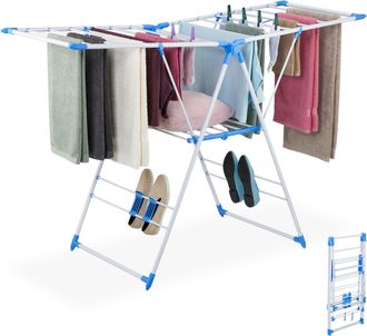 Relaxdays Wäscheständer klappbar, 2 Flügel, 2 Ebenen, Flügelwäscheständer, HBT: 99x155x61cm, Wäschetrockner, weiß/blau