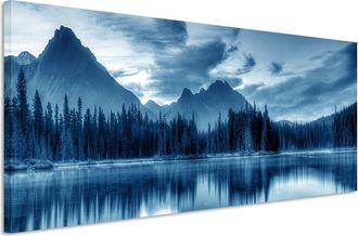 Paul Sinus Art Sinus Art 150x50cm Wandbild - Farbe Blau Petrol Panoramabild Wandbild auf echter Leinwand in sehr hoher Qualität - Sonnenaufgang Spillway Lake Kanada