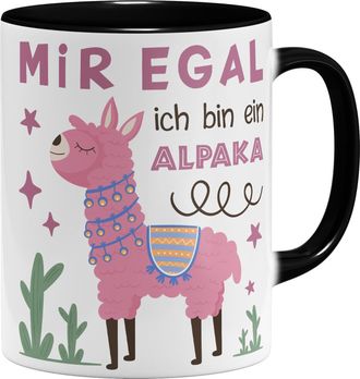 OM3 lustige Alpaca Lama Kaffee-Tasse mit Spruch - Mir egal ich bin ein Alpaka - Keramik Becher - 325ml - Beidseitig Bedruckt - Schwarz