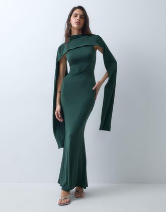 Asos anschmiegsames &auml;rmelloses Maxikleid mit Cape-Schulterdetail in Flaschengr&uuml;n