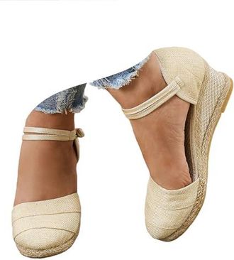 Generic Sandales d&eacute;t&eacute; habill&eacute;es pour femme avec sangle de cheville, bout ferm&eacute;, espadrilles compens&eacute;es &agrave; boucle, sandales habill&eacute;es d&eacute;contract&eacute;es ferm&eacute;es &agrave; bo