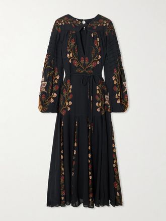 Farm Rio Berry Garden Midikleid Aus Cr&ecirc;pe De Chine Mit Blumenprint Und Bindeg&uuml;rtel - Schwarz