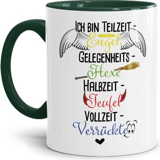 Tassendruck Tasse mit Spruch - Engel, Hexe, Teufel und Verr&uuml;ckt - Lustiges Geschenk f&uuml;r Familie, Freunde, Spruchtasse, B&uuml;ro - Keramik Innen & Henkel Dunkelgr&uuml;n, 3