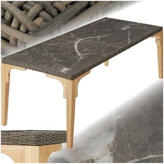 TecTake Table à Manger Extérieur en Résine Tressée & Grès cérame Fin marbré Résistante aux intempéries pour Salon de Jardin, Structure en Aluminium & Bois Mas