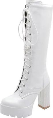 Generic Bottes de Combat Femmes à Lacets Jusquau Genou, Style Plateforme à Talons Épais, Punk Gothique,Blanc,37 EU