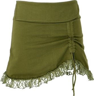 Guru Shop Boho Minirock mit Spitze, Superkurzer Pixirock, Festivalrock zum Raffen - Olive, Damen, Baumwolle, Size:M