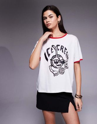 Icecream T-shirt &agrave; bords contrastants et imprim&eacute; cerise - Blanc