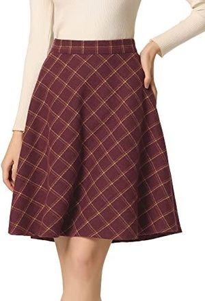 Allegra K Jupe trapèze à carreaux taille haute élastique longueur genou pour femme, Burgundy, 36