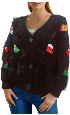 Generic 2026 Vestes de No&euml;l pour femmes &agrave; trois d&eacute;corations de No&euml;l Cardigan &agrave; boutonnage Veste Pull, Noir, XL