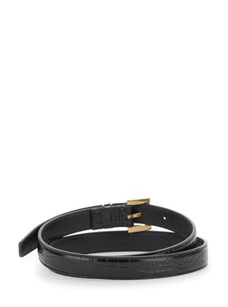 Saint Laurent Womens Belt With Cassandre Detail, Brown Croco Leather Croco-Printed