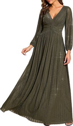 Ever-pretty Kleid Elegant Damen Festlich Lang Langarm Ballkleid Maxi Hell Abendkleider Elegant für Hochzeit A Line Olivgrün 40