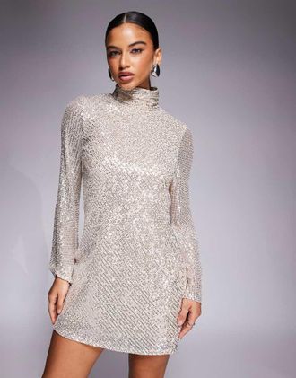 Jaded Rose Robe courte à col montant ornée de sequins avec dos bénitier - Argenté