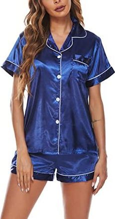 Onsoyours Ensemble de Pyjama pour Femme en Satin à Manches Courtes Pyjama en Satin de Soie pour Femme Etè A Bleu S