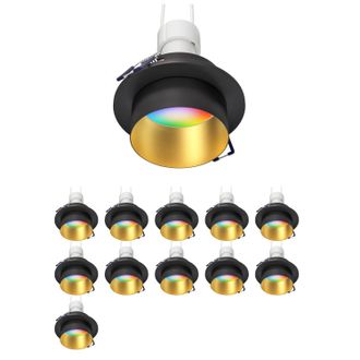 LEDs Com 12 Stück Deckeneinbaurahmen KRON, rund, schwarz/gold matt, inkl. Smart Home RGBW GU10 LED 473lm