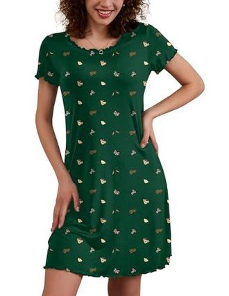 Ekouaer Nuisette Femme Col Rond Liquette De Nuit L&eacute;gers &eacute;t&eacute; Pyjama Casual Chemise de Nuit Jupe &agrave; Volants, Vert, XL