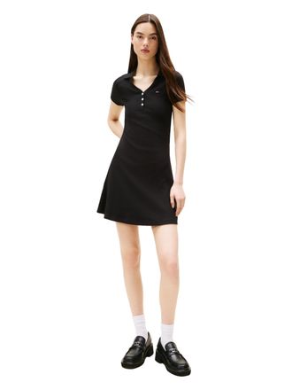 Tommy Jeans Damen Kurzarm Polo Stretch Sommer Freizeitkleider, Schwarz, Gro&szlig;