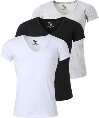 Young & Rich Herren Uni T-Shirt mit extra tiefem V-Ausschnitt Slimfit Stretch Dehnbare Passform einfarbiges Basic Shirt - 3er Pack, Gr&ouml;sse:3XL, Farbe:Wei&szlig;/Schwarz/