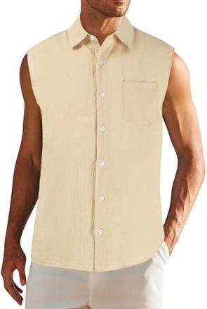 Generic Chemise dentra&icirc;nement en coton et lin pour homme - Style d&eacute;contract&eacute; et tendance - Couleur unie - Sans manches - En coton et lin - Col simple boutonna