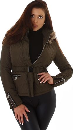 Jela London Damen Kapuzen Steppjacke Fell Imitat Kunstleder Tailleng&uuml;rtel, 34 (Etikett 36) Dunkel Gr&uuml;n