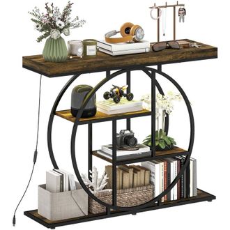 HOMCOM Console meuble - HOMCOM - &eacute;clairage LED - 4 niveaux - cadre rond en acier - 100 x 30 x 81,5 cm - marron rustique et noir