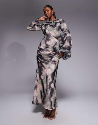 Asos Robe longue drap&eacute;e &agrave; manches bouffantes et imprim&eacute; marbr&eacute; abstrait - Anthracite-Multicolore