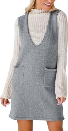 Generic Robe pull courte sans manches avec col en V et double poche pour femme, robe d&eacute;t&eacute;, robe ample, style boh&egrave;me, robe ample, essentiels de vacances pour f
