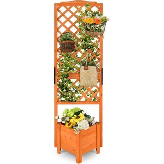 Costway Costway - Blumenkasten mit Rankgitter aus Holz, Pflanzkasten f&uuml;r Kletterpflanzen, Hochbeet mit Spalier & Drainageloch, Blumenk&uuml;bel f&uuml;r Garten Hof