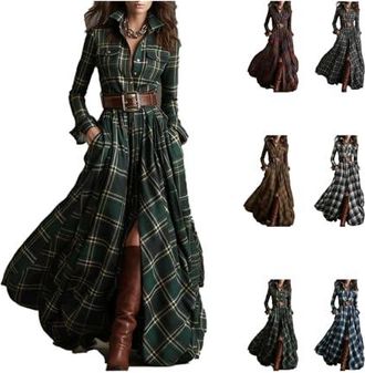Generic Robe chemise &agrave; carreaux maxi pour femme, manches longues, boutonn&eacute;e sur le devant, robes maxi &agrave; carreaux col en V boutonn&eacute; fendu avec poches, style co