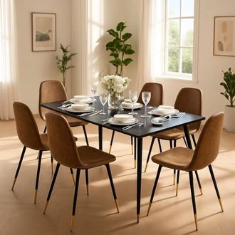 Furniture R 6PCS Chaises de Salle à Manger Marron, Chaises de Restaurant en Suède, Design Contemporain Luxueux, Pieds en Métal Noir et Doré, Confort, Parfait pour