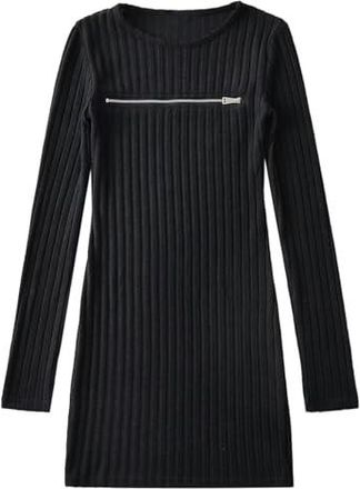 Generic Robes amincissantes dhiver - Mini robe moulante d&eacute;contract&eacute;e avec fermeture &eacute;clair sur le devant - Manches longues - Col rond - &Eacute;paissies - Extensible