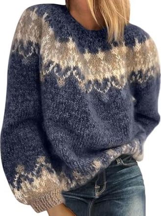 ORANDESIGNE Pulls Femme Pull à Col Roulé Pull en Maille Grossière Géométrie Haut en Tricot Pullover à Manches Longues Chaud Automne Hiver B Bleu XXL