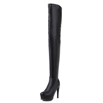 Generic Bottes Femme sur Le Genou Plateforme Simili Cuir Talon Aiguille Haut Fermeture Éclair Latérale Chaussures de Robe de Mode pour Boîte de Nuit et Fête,N