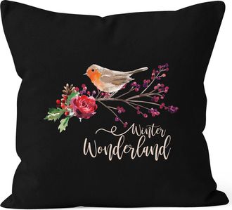 Autiga Kissenbezug Weihnachten Winterwonderland Vogel Rotkehlchen Blumen Misteln Christmas Bird schwarz 40cm x 40cm