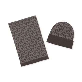 Michael Kors Schal & M&uuml;tze SET I Winterschal I Beanie I Wollschal I Winterm&uuml;tze I One Size I Weiche Acrylwolle I Logo I Grau-Schwarz Metallic I Geschenkkarton 8824