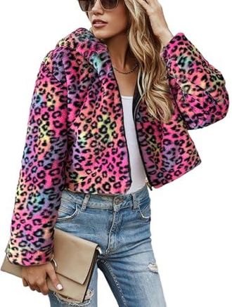ZhuiKun Manteaux à Capuche Fausse Fourrure Léopard pour Femme Veste Courte Streetwear Manteau dhiver à Manches Longues avec Fermeture Éclair - Multicolore, 3X