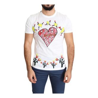 Dolce & Gabbana Homme, Tops, Blanc, Taille: S Valentine Print Crew Neck T-Shirt