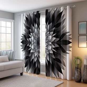 Generic Blickdichte Vorh&auml;nge H 214 X B 91.5 cm (2Er Pack) - Abstrakt Blumen Symmetrie Schwarz Wei&szlig;, Verdunkelungsvorh&auml;nge Mit &Ouml;sen, Thermovorhang & Sichtschut
