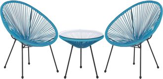 Beliani Lustiges Balkonset 2 St&uuml;hle mit 1 Tisch Spaghetti-Optik Rattan blau Acapulco II