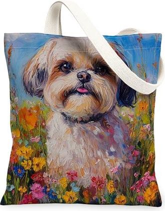Generic Spring Shih Tzu Sac fourre-tout en toile pour faire du shopping 33 x 38,1 cm, sac d&eacute;picerie r&eacute;utilisable pour femme, sac d&eacute;picerie r&eacute;utilisable pour f