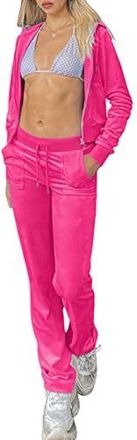 Minetom Femmes Velours Ensemble Survêtement Manche Longue Fermeture Éclair Veste Blouson Sweat à Capuche Jogging Pantalon Sports Suits 2pcs Rose Vif XL