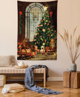 Abakuhaus Weihnachten Wandteppich, Weihnachtsbaum, Wohnzimmer Schlafzimmer Wandtuch Seidiges Satin Wandteppich, 100 x 150 cm, Braun, Rot, Grün