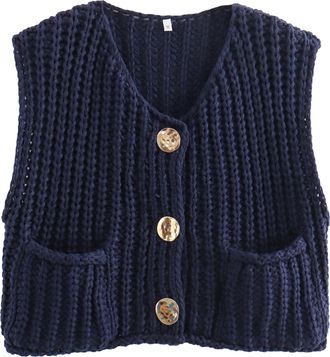 Feoya Damen Ärmellos Pullover Weste Crochet Chunky Knit Crop Top Ärmellose Strickjacke Pullover Tank Top mit Taschen Marineblau M