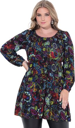 Miamoda Damen gro&szlig;e Gr&ouml;&szlig;en &Uuml;bergr&ouml;&szlig;en Plus Size T-Shirt, A-Linie, gesmokte B&uuml;ste, Alloverprint schwarz 50 845453100-50