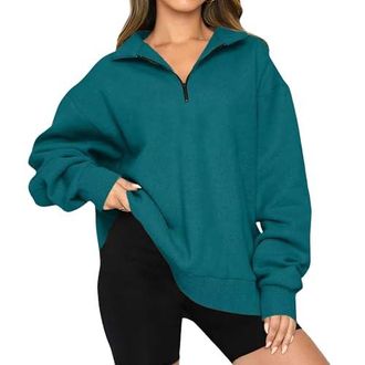 Generic Sweat Shirt Polaire Oversize &agrave; Demi Zip pour Femme, Vert, Taille XXL, col Rond, Confortable, &eacute;paules Tombantes