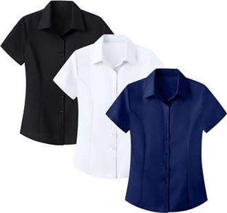 Generic Lot de 3 chemisiers &agrave; manches courtes pour femme - D&eacute;contract&eacute; - Coupe droite - Col en V - Boutonn&eacute; - Couleur unie - D&eacute;contract&eacute; - Basique - Chemise d